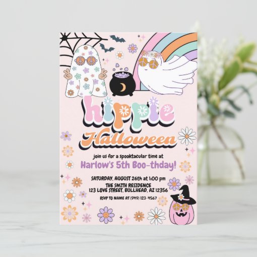 Groovy Ghost Hippie Halloween Birthday Invitation | Zazzle