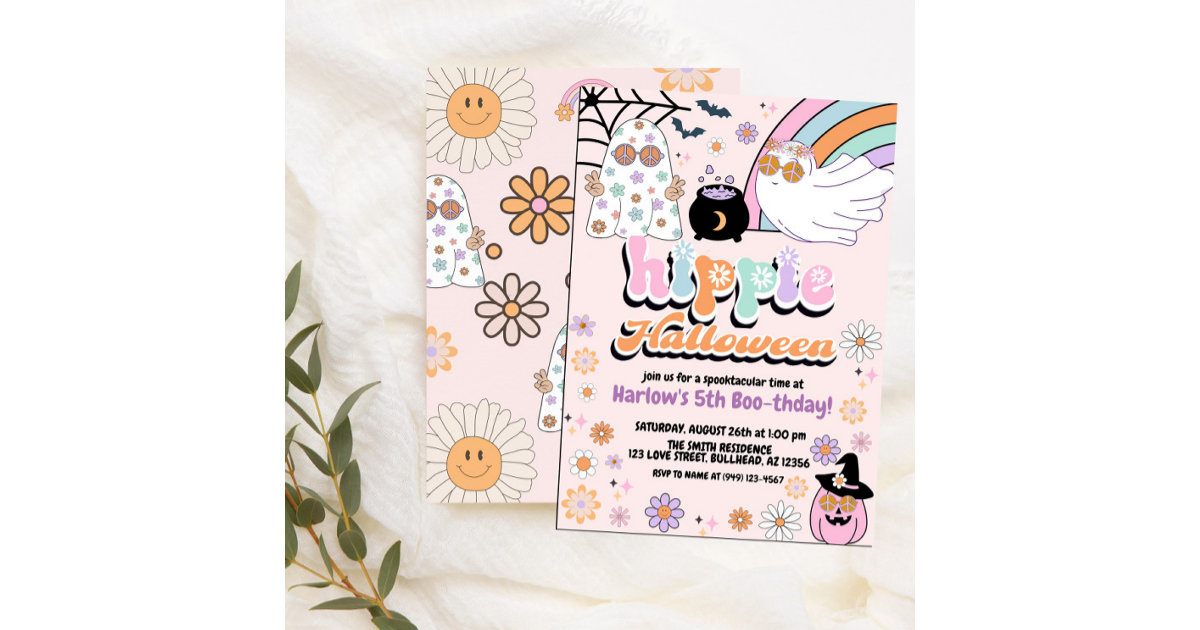 Groovy Ghost Hippie Halloween Birthday Invitation | Zazzle