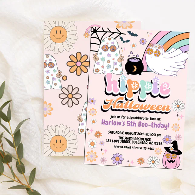 Groovy Ghost Hippie Halloween Birthday Invitation | Zazzle