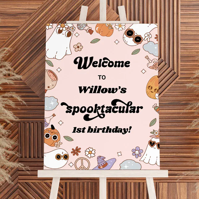 Groovy Ghost Pink Halloween Birthday Welcome Foam Board | Zazzle