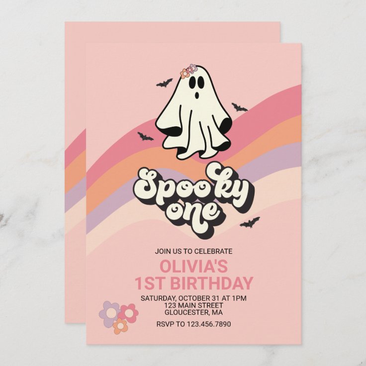 groovy Ghost retro Halloween Spooky One Birthday Invitation | Zazzle