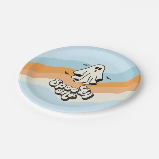groovy Ghost retro Halloween Spooky One Blue Paper Plates | Zazzle