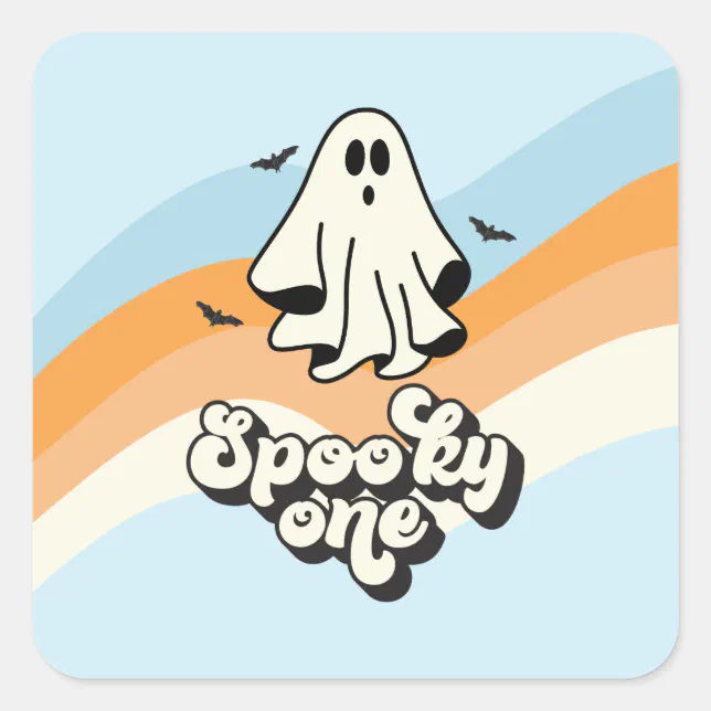 groovy Ghost retro Halloween Spooky One Blue Square Sticker | Zazzle
