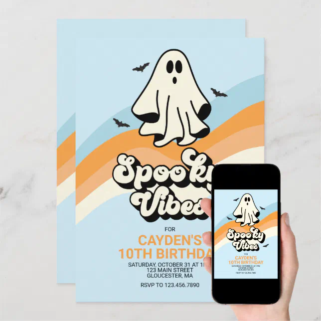 groovy Ghost retro Halloween Spooky Vibes Blue Invitation | Zazzle