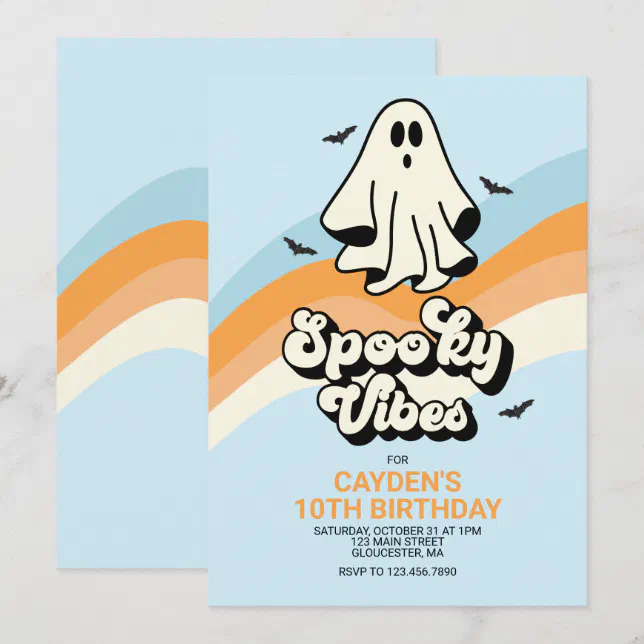 groovy Ghost retro Halloween Spooky Vibes Blue Invitation | Zazzle