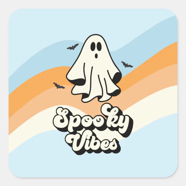 groovy Ghost retro Halloween Spooky Vibes Blue Square Sticker | Zazzle
