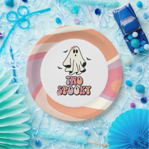 groovy Ghost retro Halloween Two Spooky Birthday Paper Plates | Zazzle
