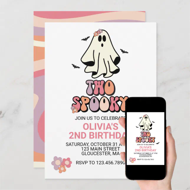 Groovy Ghost Two Spooky Halloween Birthday Invitation | Zazzle