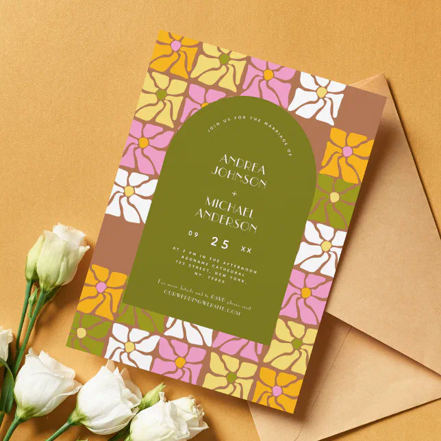Groovy Hippie Floral Boho Arch 70s Retro Wedding Invitation | Zazzle