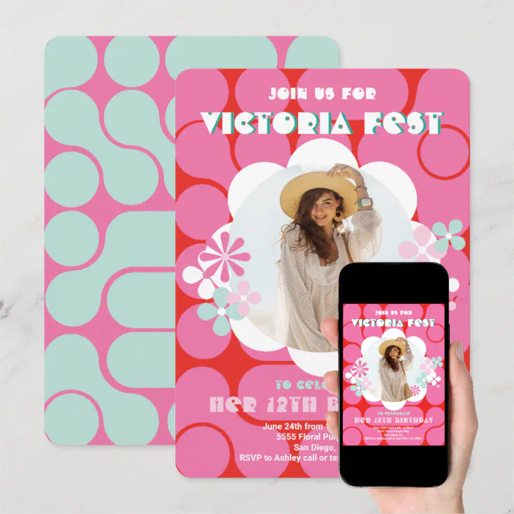 Groovy Hippie Flower Power Photo Birthday Festival Invitation | Zazzle