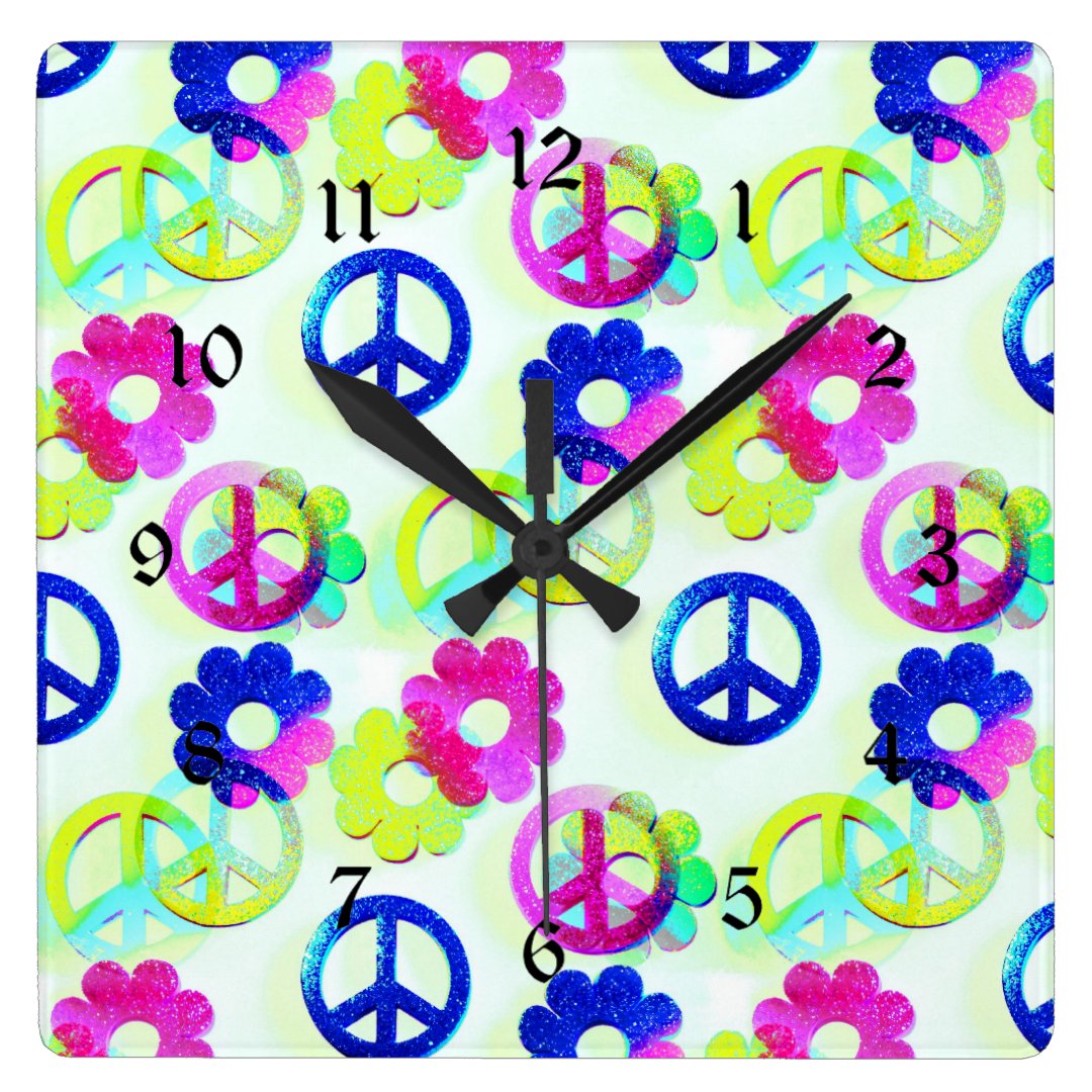 Groovy Hippie Peace Signs Flower Power Aqua Square Wall Clock | Zazzle