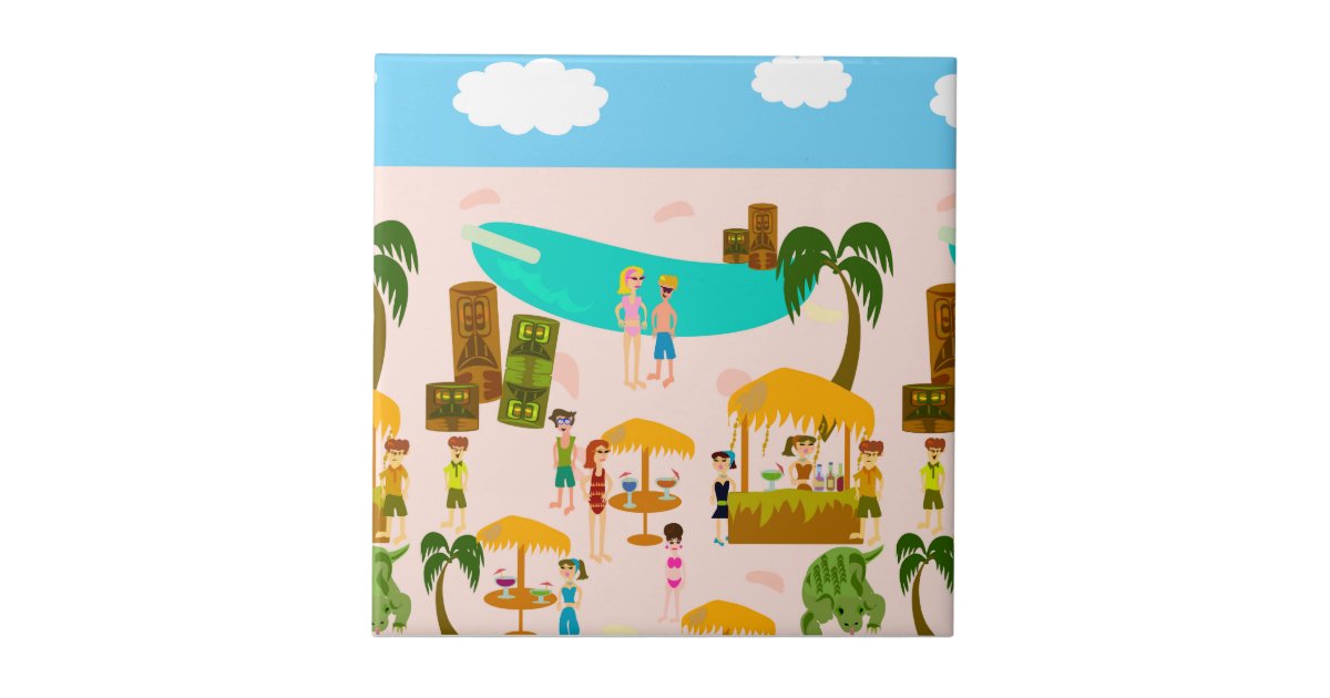 Groovy Jet Set Pool Party Retro Art Cartoon Tile | Zazzle