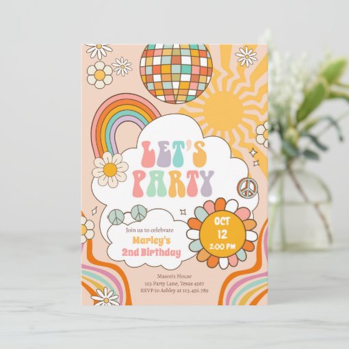 Groovy Let's Party Retro 70s Rainbow Birthday Invitation | Zazzle