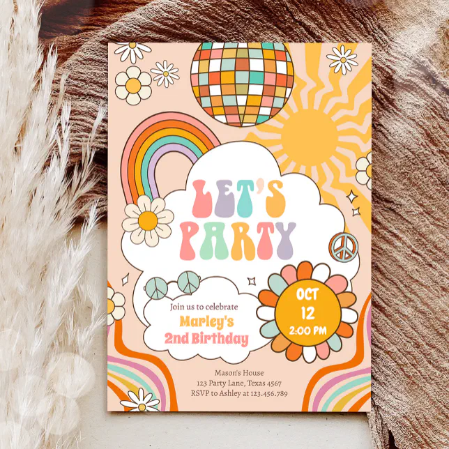 Groovy Let's Party Retro 70s Rainbow Birthday Invitation | Zazzle