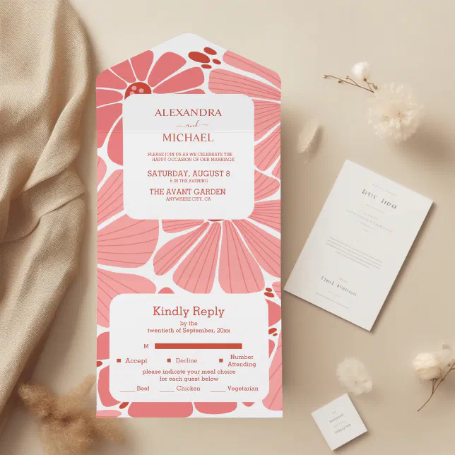 Groovy modern pink daisy wedding all in one invitation | Zazzle