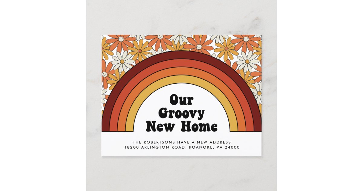 Groovy New Home Rainbow Retro New Address Announcement Postcard | Zazzle