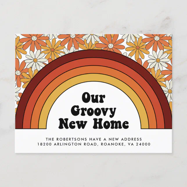 Groovy New Home Rainbow Retro New Address Announcement Postcard | Zazzle