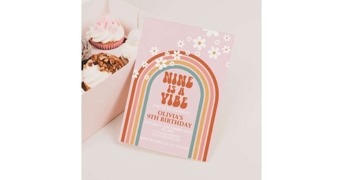 Groovy Nine is a Vibe daisy rainbow 9TH birthday Invitation | Zazzle