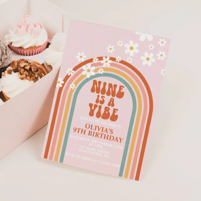 Groovy Nine is a Vibe daisy rainbow 9TH birthday Invitation | Zazzle