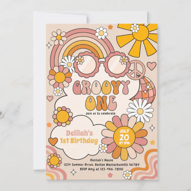 Groovy One 70s Flower Power Rainbow Birthday Party Invitation | Zazzle