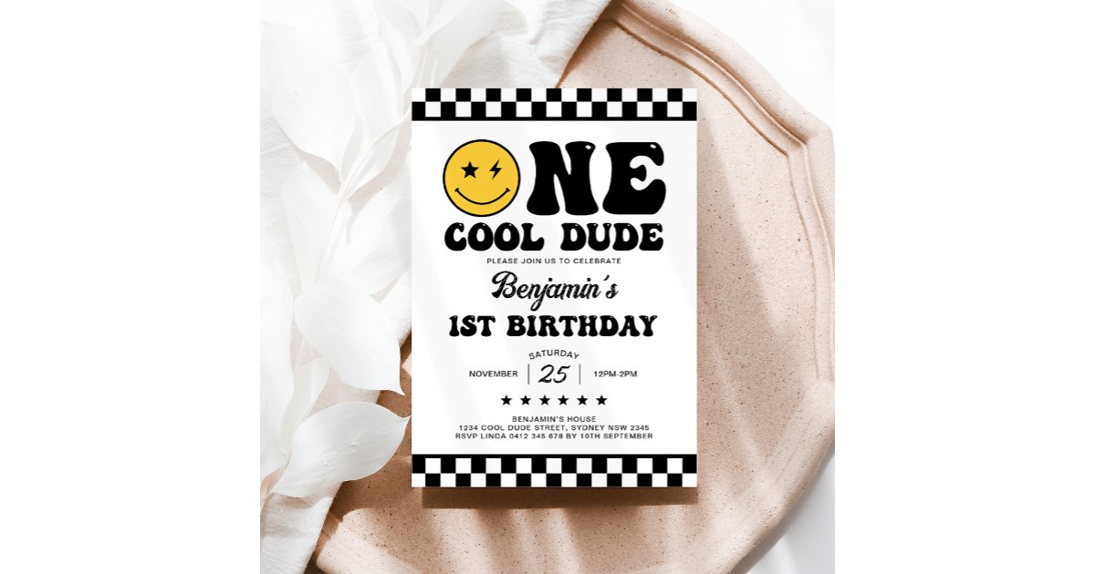 Groovy One Cool Dude Boy 1st Birthday Party Invitation | Zazzle