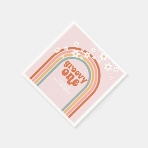 Groovy One daisy boho floral rainbow 1st birthday Napkins | Zazzle