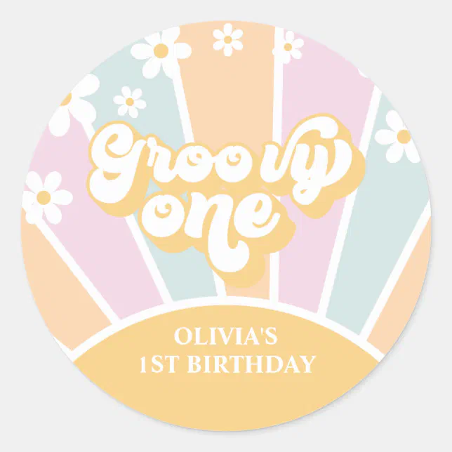 Groovy One pastel Retro Sunshine daisy boho Classic Round Sticker | Zazzle