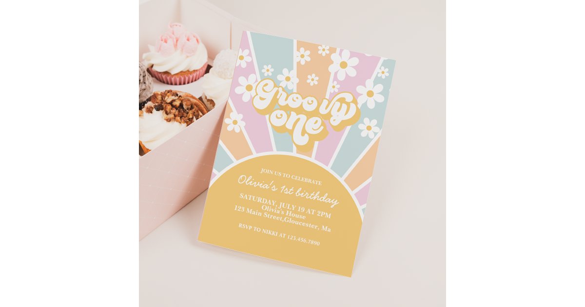 Groovy One Pastel Retro Sunshine daisy boho floral Invitation | Zazzle