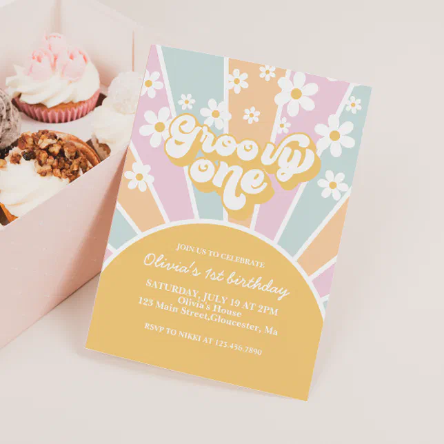 Groovy One Pastel Retro Sunshine daisy boho floral Invitation | Zazzle