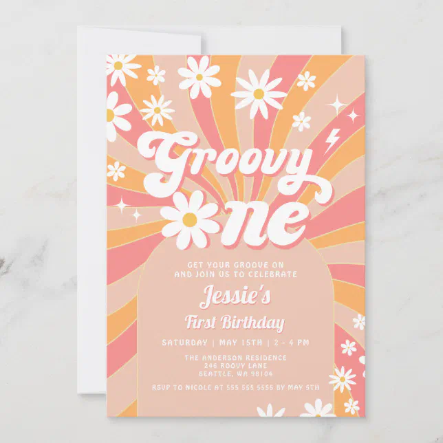 Groovy One Pink Daisy Sunshine Retro 1st Birthday Invitation | Zazzle