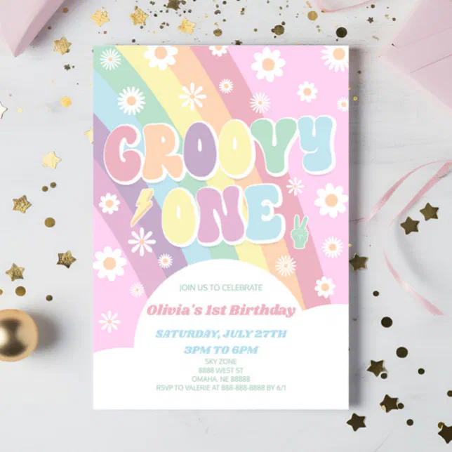 Groovy One Rainbow Daisy Retro 1st Birthday Party Invitation | Zazzle