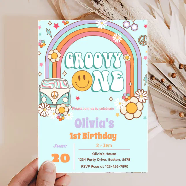 Groovy One Rainbow Flower 1st Birthday Invitation | Zazzle