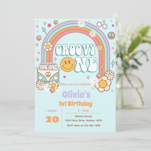 Groovy One Rainbow Flower 1st Birthday Invitation | Zazzle