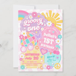 Groovy One Rainbow Sunshine 1st Birthday Party Invitation | Zazzle