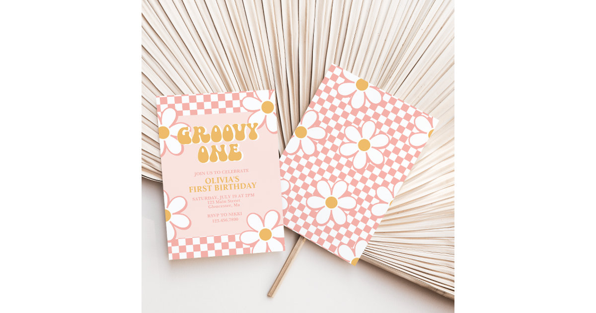 Groovy One Retro Check Pink Daisy Invitation | Zazzle
