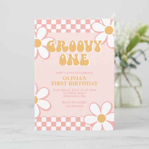 Groovy One Retro Check Pink Daisy Invitation | Zazzle