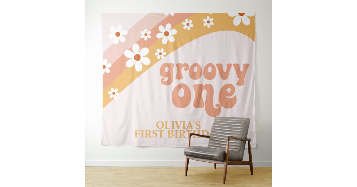 Groovy One Retro Daisy Birthday Banner Tapestry | Zazzle