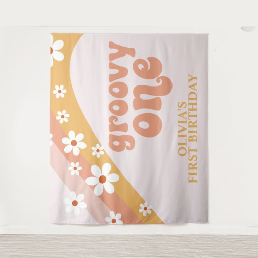 Groovy One Retro Daisy Birthday Banner Tapestry | Zazzle