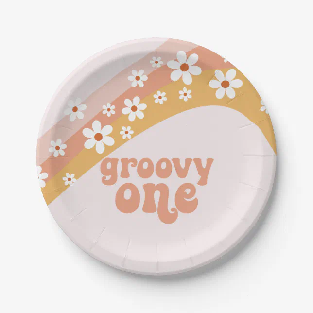 Groovy One Retro Daisy Boho Rainbow Paper Plate | Zazzle