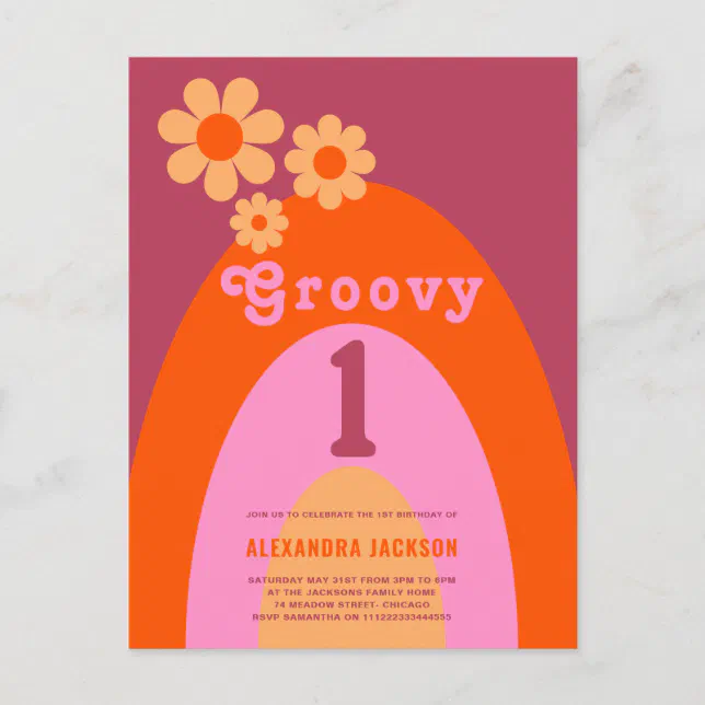 Groovy One Retro Daisy Rainbow 1st Birthday Party Invitation Postcard ...