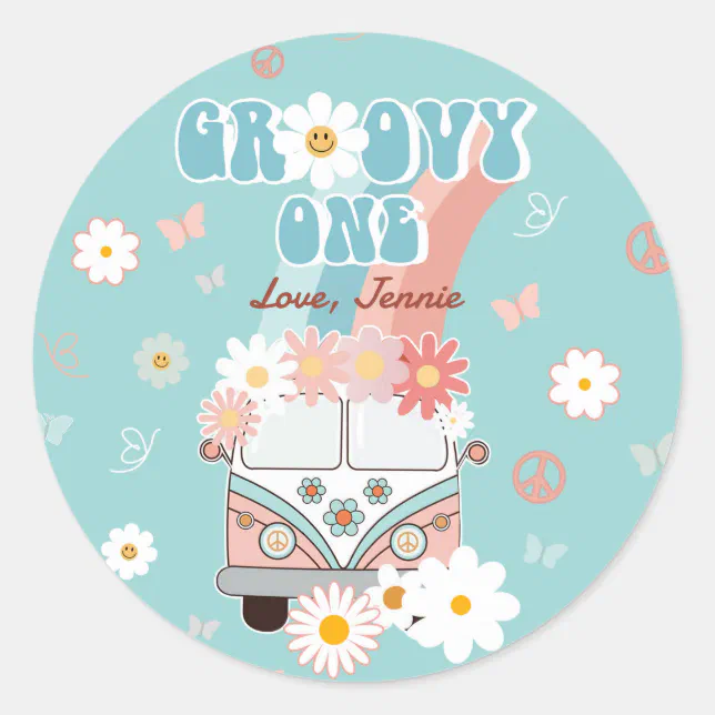 Groovy One Retro Daisy Rainbow First Birthday Classic Round Sticker ...