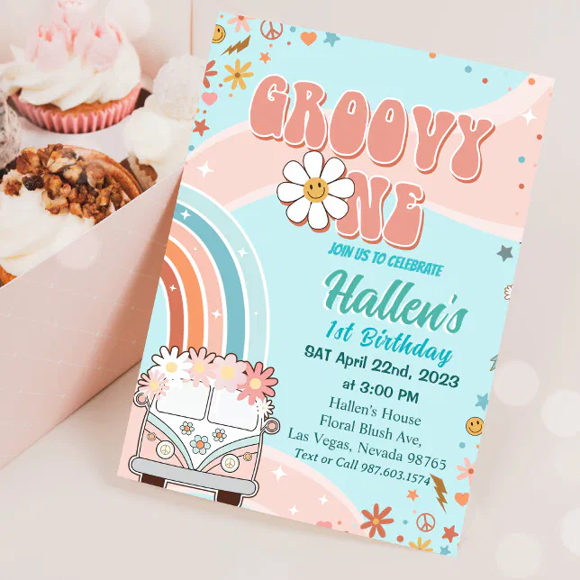 Groovy One Retro Daisy Rainbow First Birthday Invitation | Zazzle