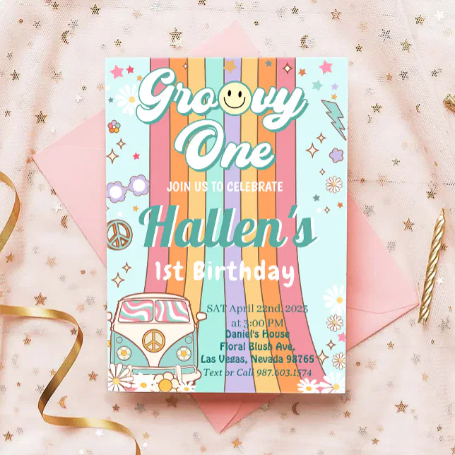 Groovy One Retro Daisy Rainbow First Birthday Invitation | Zazzle