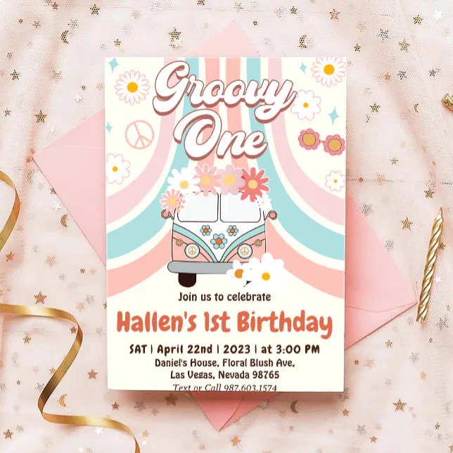 Groovy One Retro Daisy Rainbow First Birthday Invitation | Zazzle