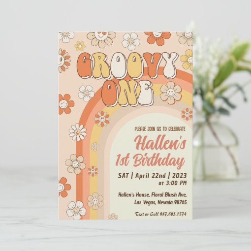 Groovy One Retro Daisy Rainbow First Birthday Invitation | Zazzle
