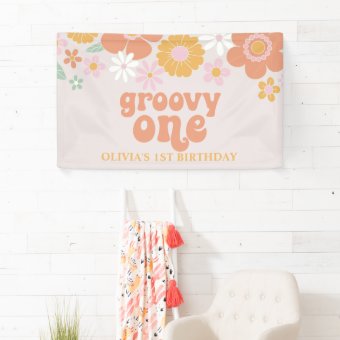 Groovy One Retro Floral Birthday Banner | Zazzle