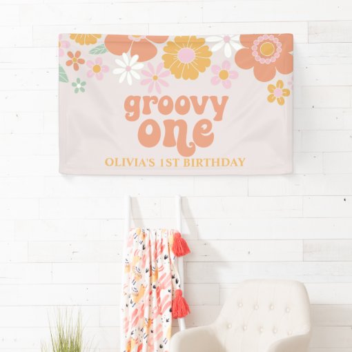Groovy One Retro Floral Birthday Banner | Zazzle