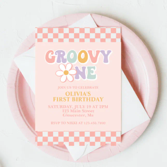 Groovy One Retro Girl First Birthday Invitation | Zazzle
