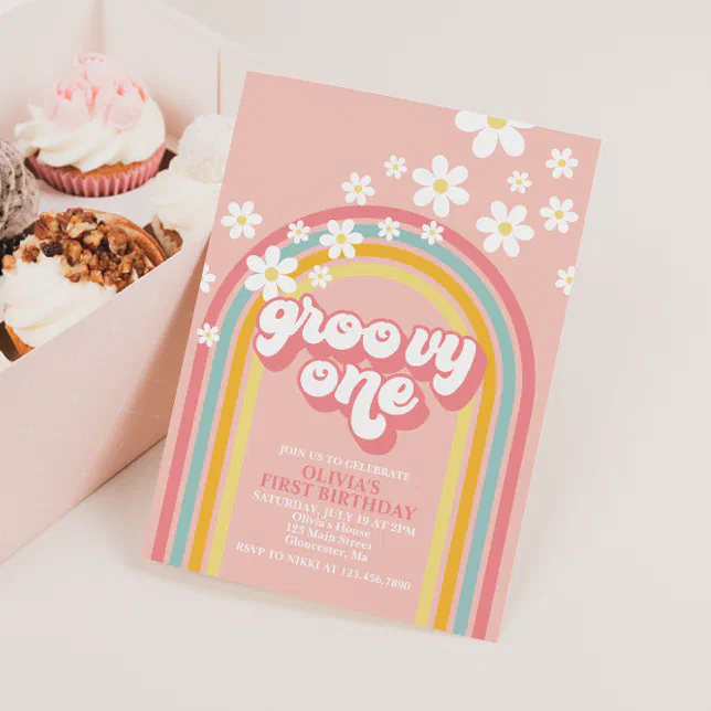 Groovy One Retro Rainbow 1st Birthday Invitation | Zazzle