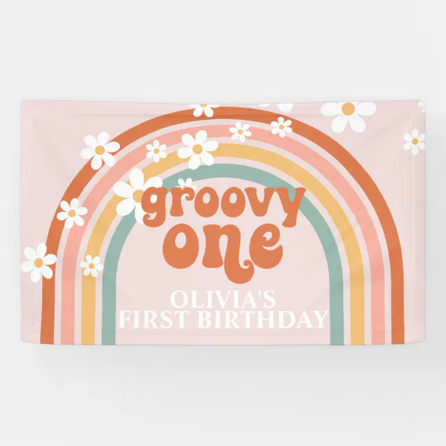 Groovy One Retro Rainbow Daisy Birthday Banner | Zazzle